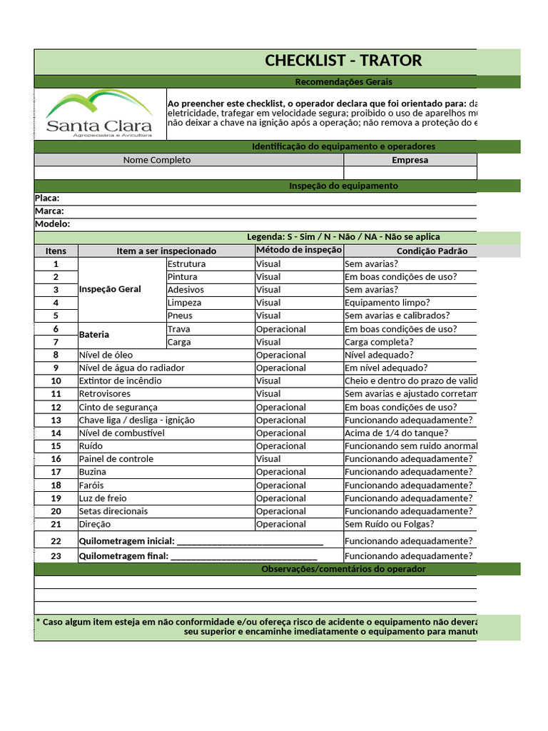 Checklist Trator | PDF | Tecnologia e Engenharia