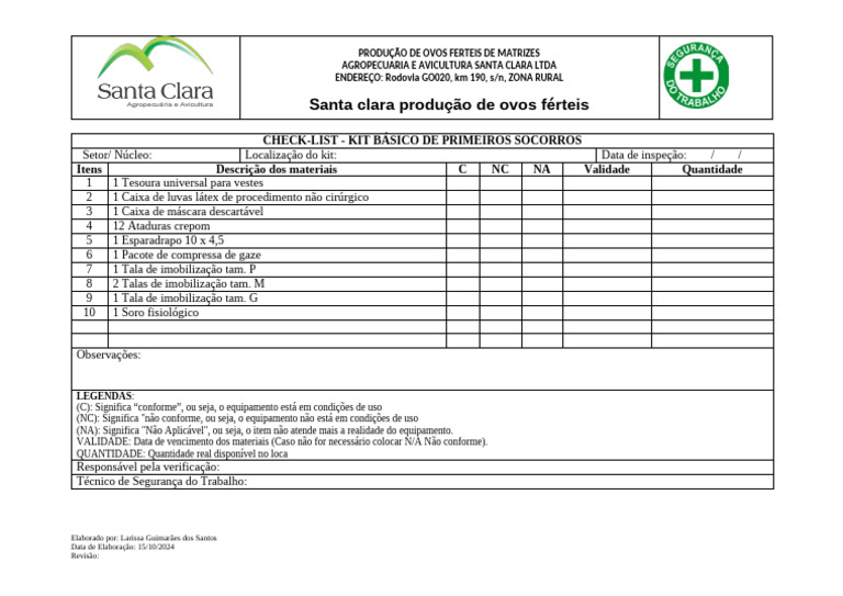 Checklist Kit Primeiros Socorros | PDF