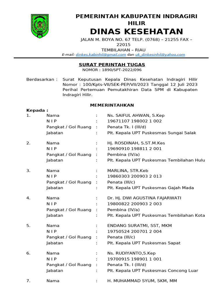 SPT KEPALA PUSKESMAS Pertemuan Pemutakhiran Data SPM | PDF