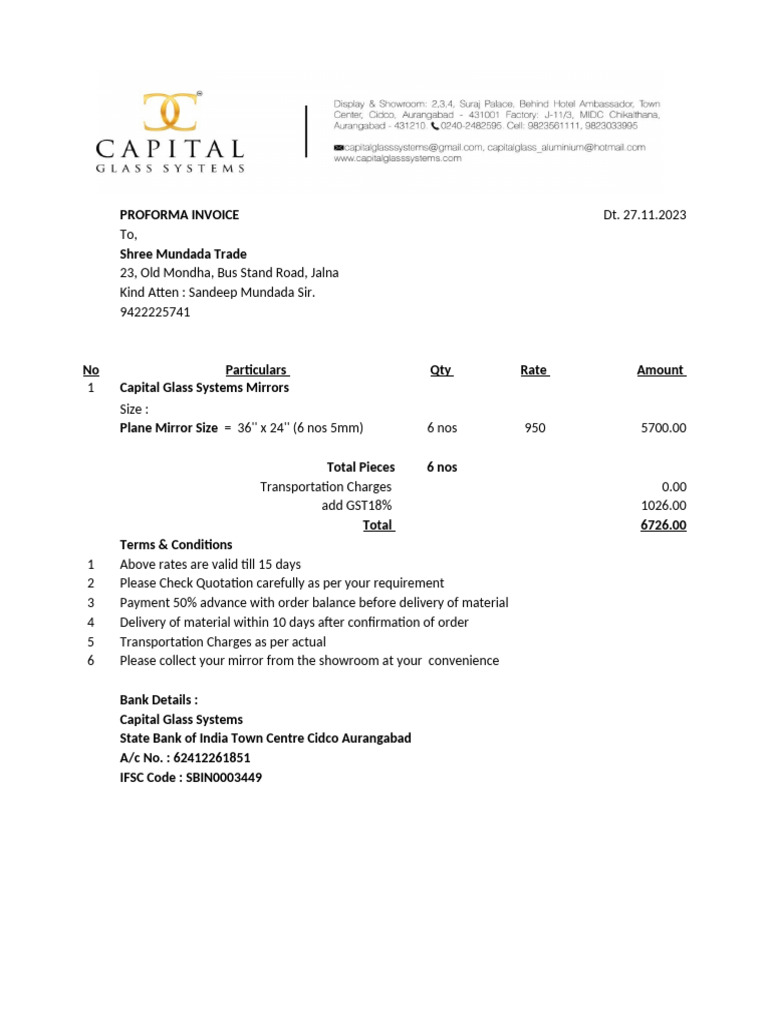 Proforma Invoice for Mirrors | PDF