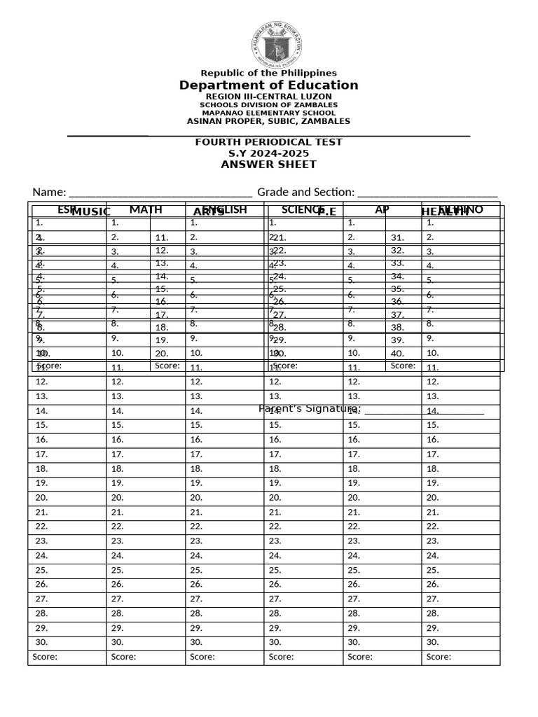 ANSWER-SHEET Periodical Exam | PDF