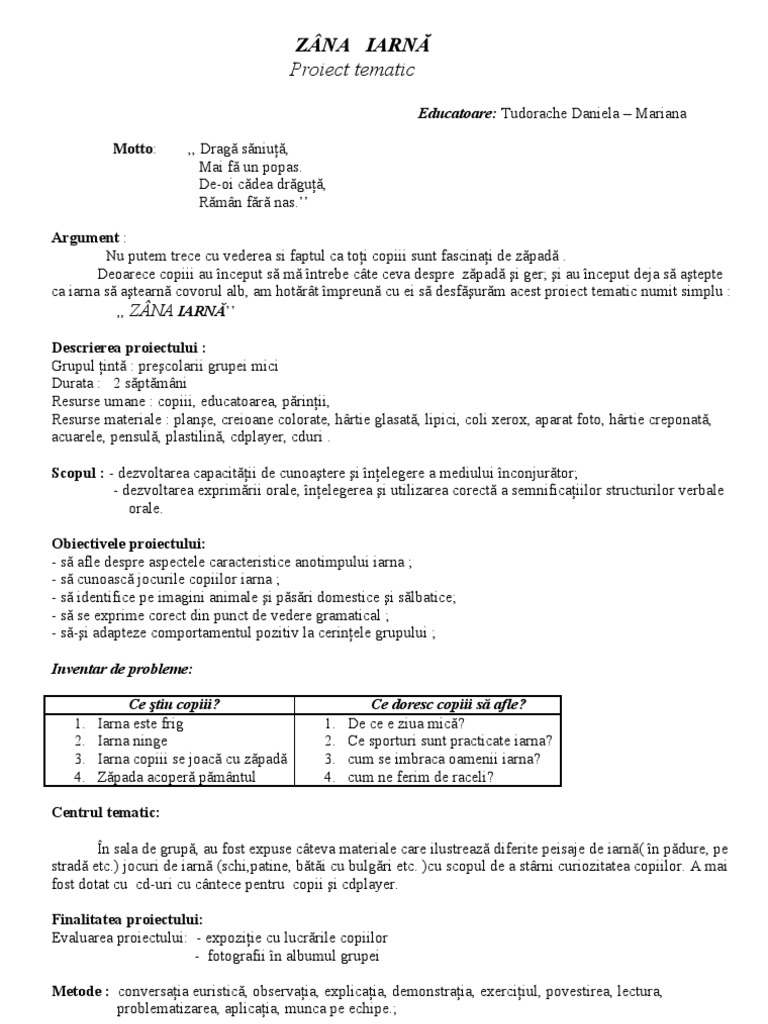 Zana Iarna Proiect Tematic | PDF
