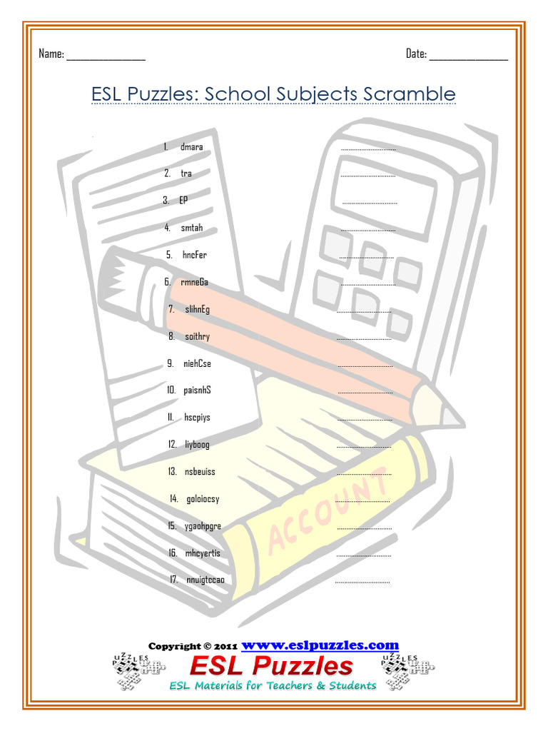 School Subjects Word Scramble | PDF
