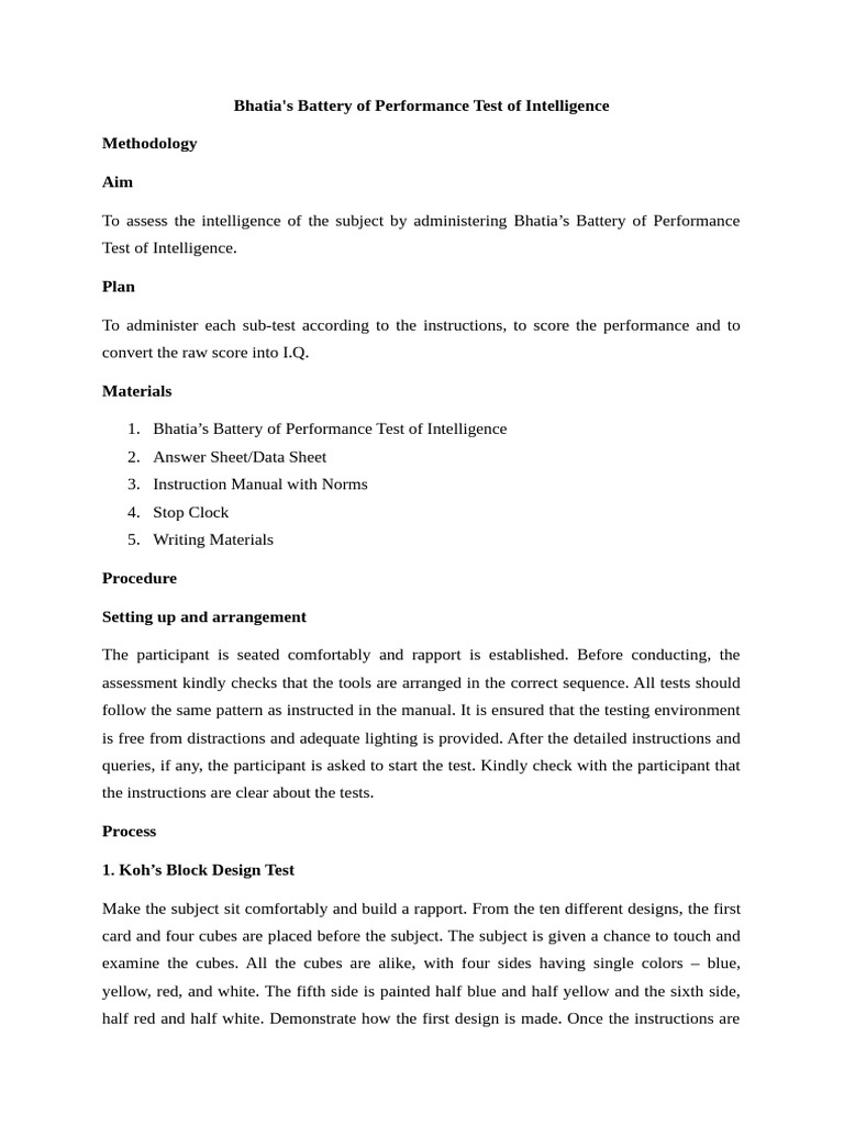 Bhatia Battery of Intelligencet Test | PDF | Experiment | Intelligence