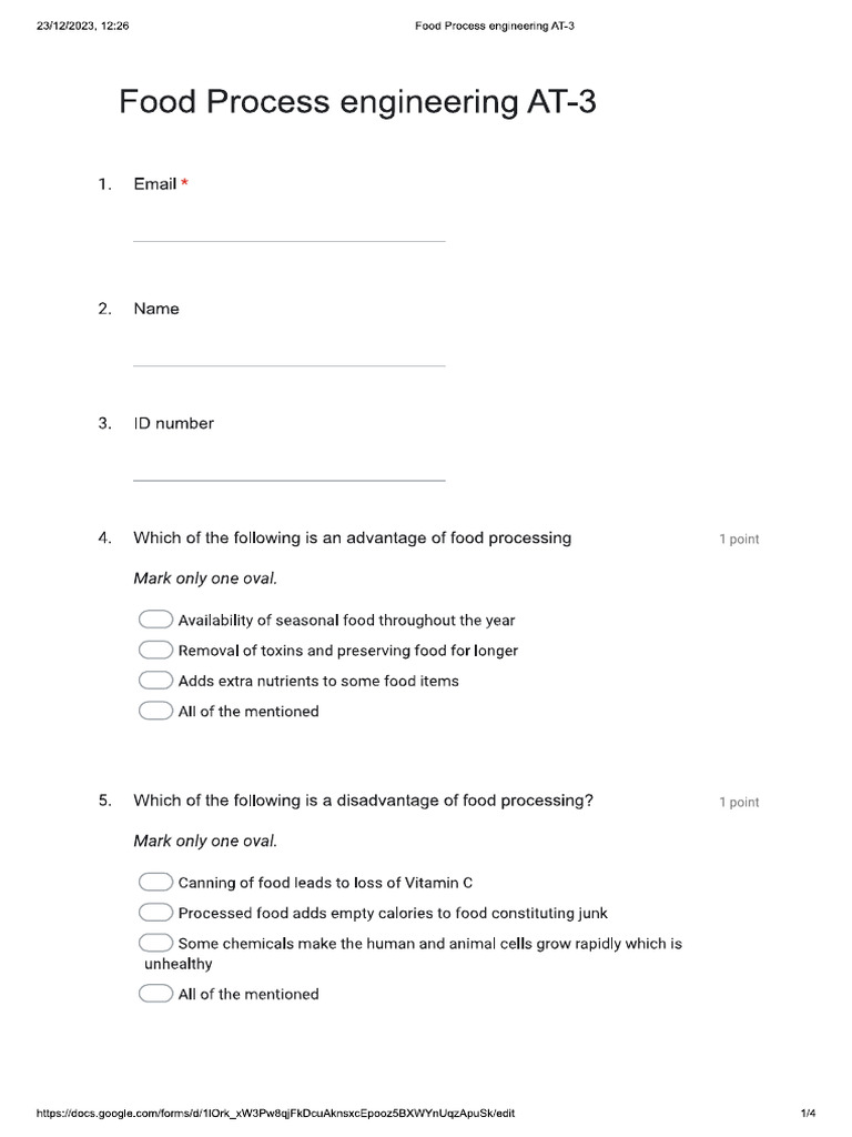 Food Process Engineering AT-3 - Google Forms | PDF