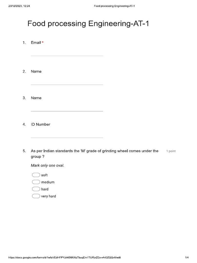 Food Processing Engineering-AT-1 - Google Forms | PDF