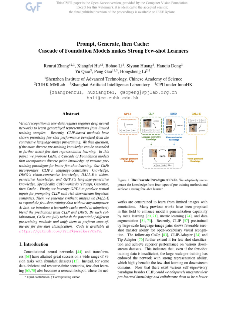 Zhang Prompt Generate Then Cache Cascade of Foundation Models Makes Strong CVPR 2023 Paper | PDF ...