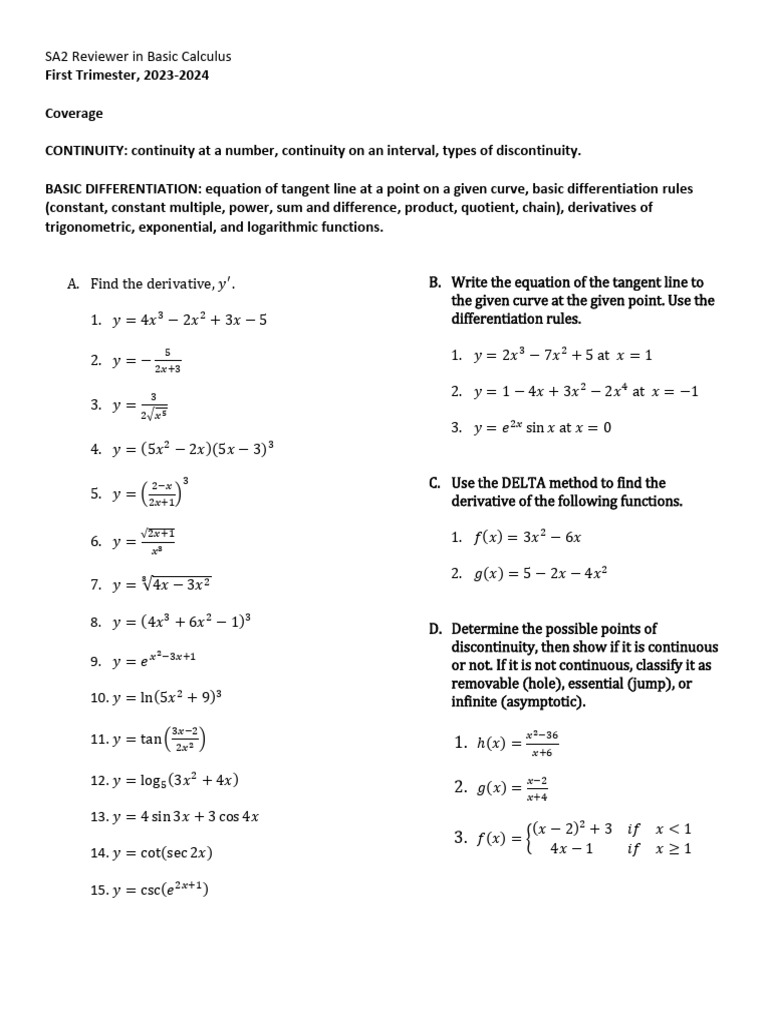 SA2 Reviewer in Basic Calculus | PDF | Trigonometric Functions | Derivative