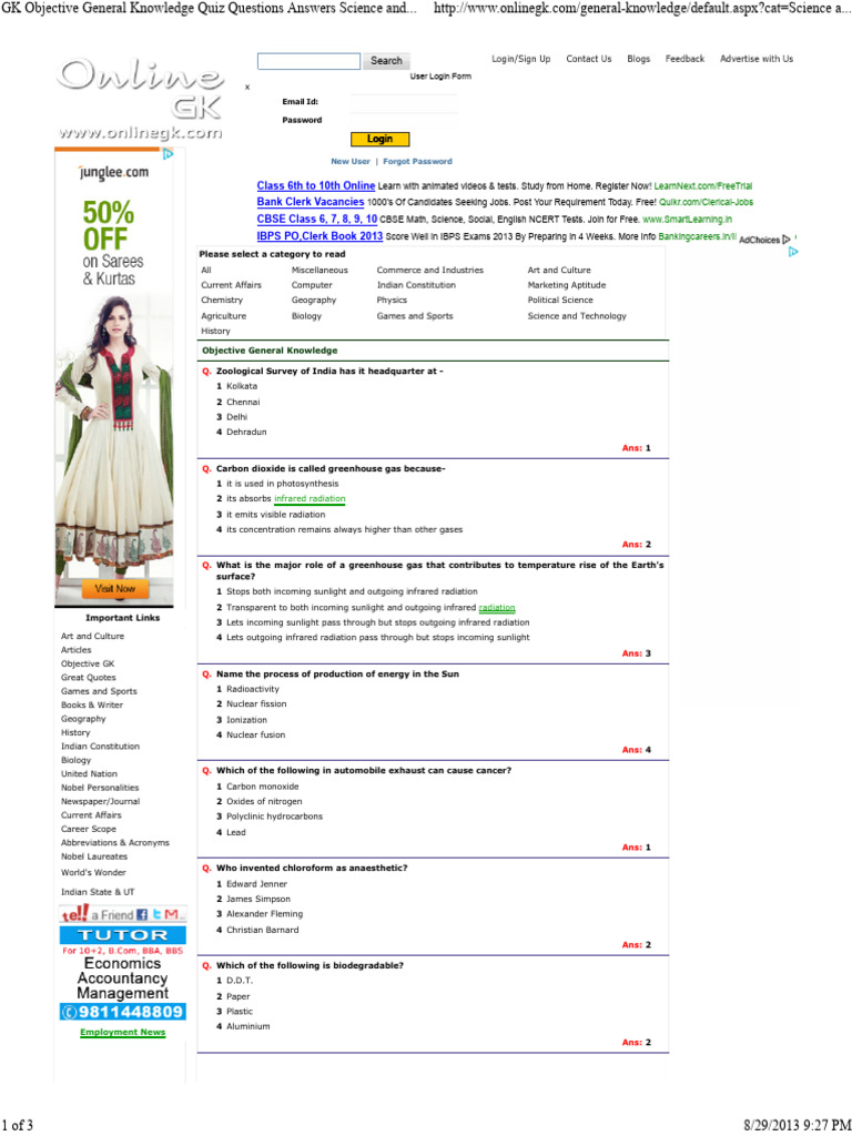 GK Objective General Knowledge Quiz Questions Answers Science and ...
