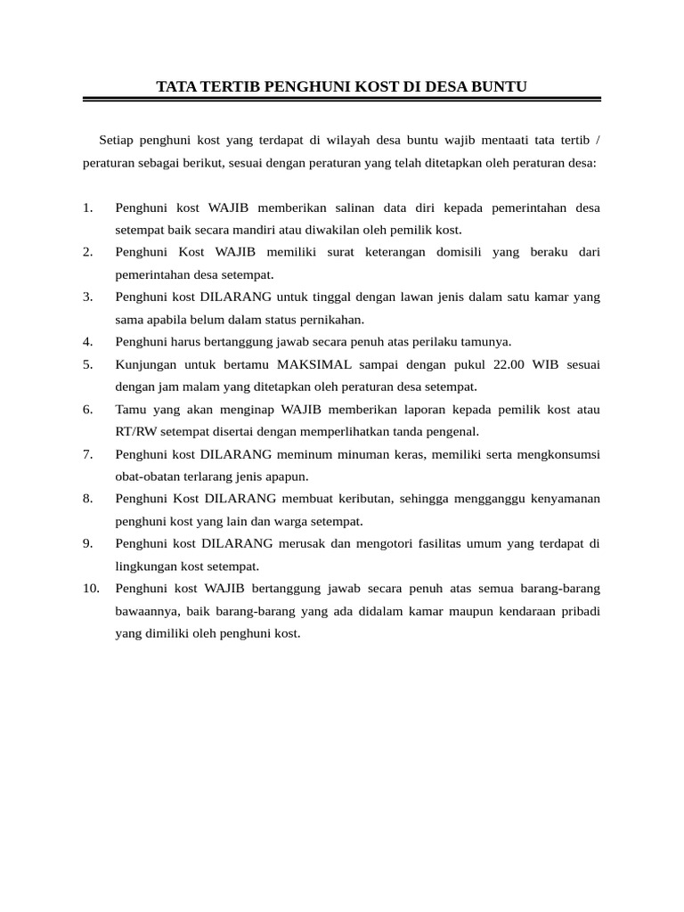 Tata Tertib Penghuni Kost | PDF | Griya & Taman