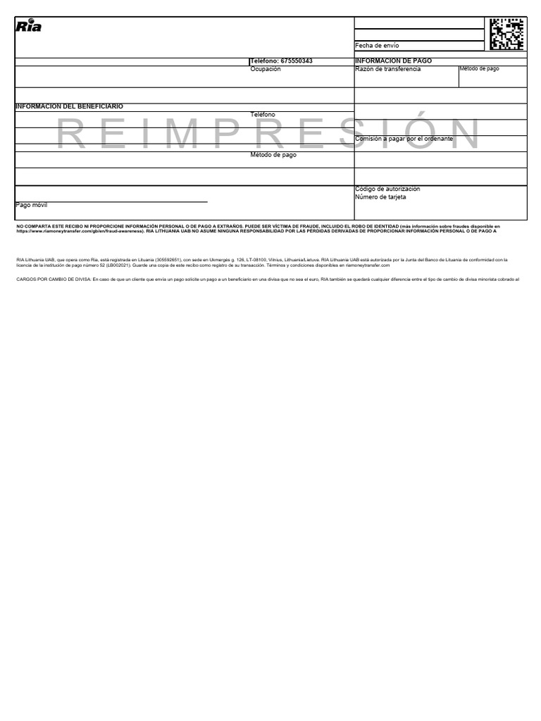 Ria Order Receipt ES714754229 | PDF | Moneda | Pagos