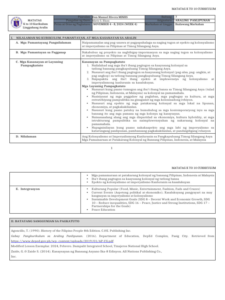 DLL Matatag - Araling Panlipunan 7 Q2 W4 | PDF