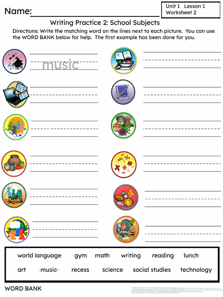 WS2L1 - School Subjects (Writing Practice 02) | PDF