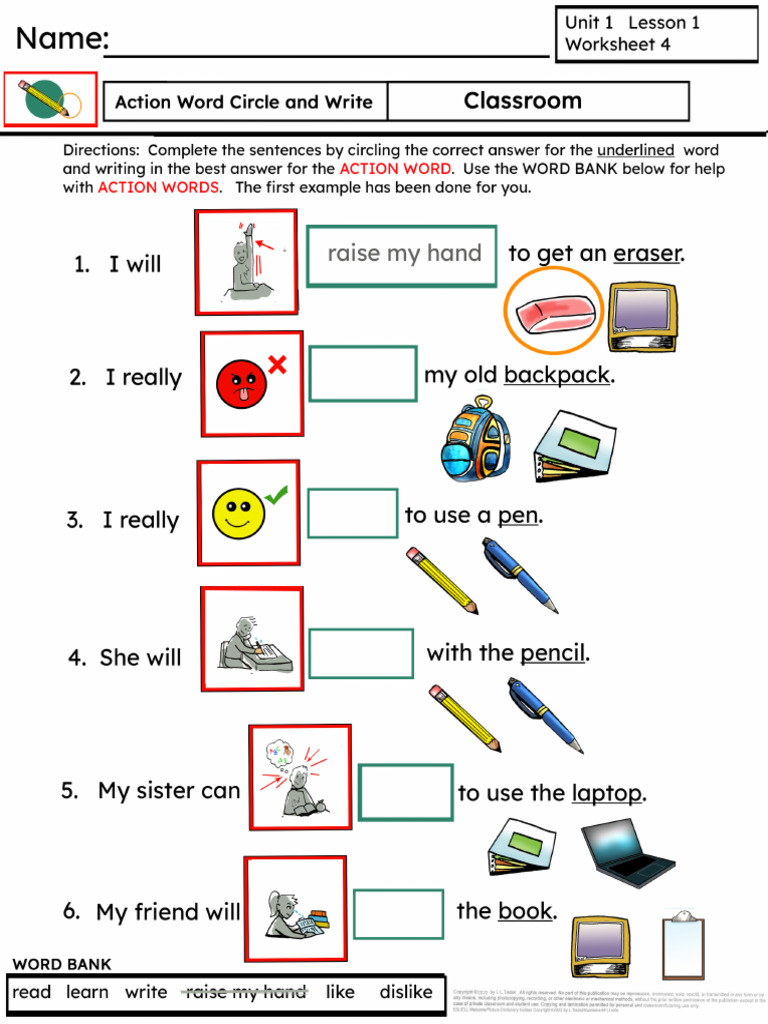 WS4L1 - Action Verbs in Classroom (Circle and Write) | PDF