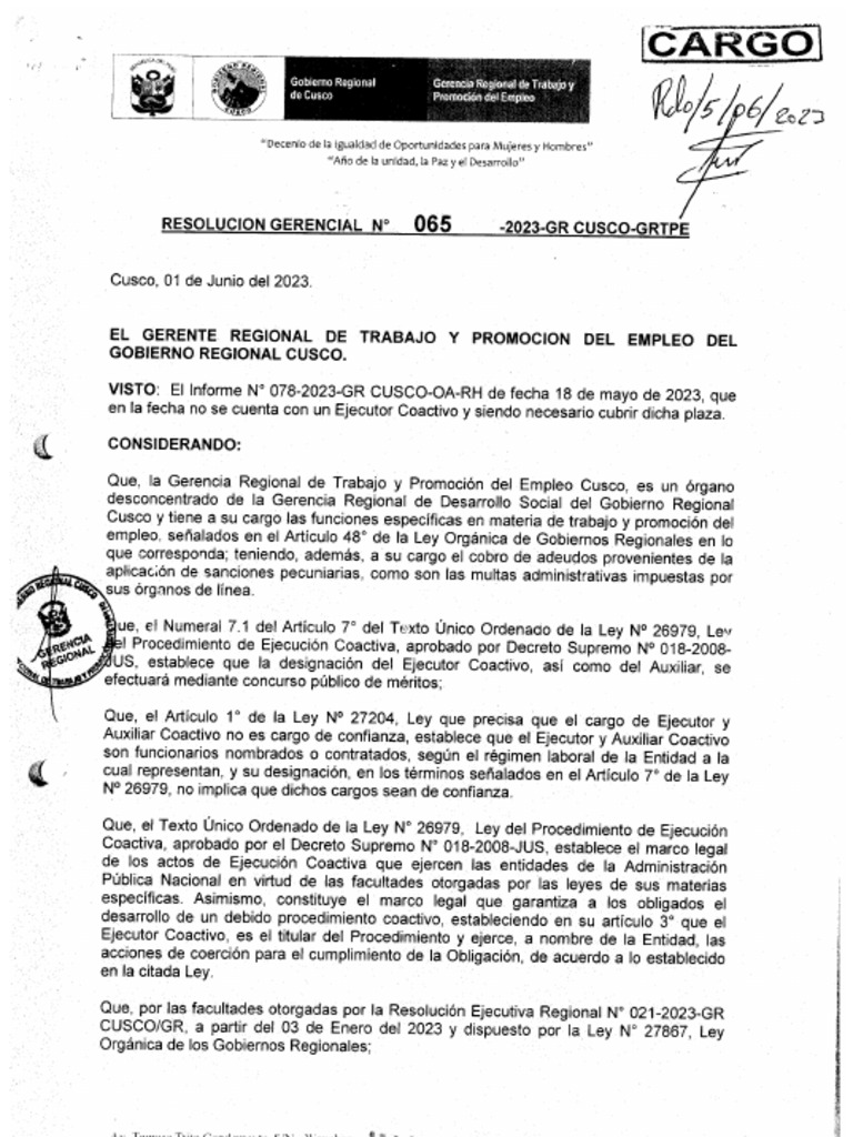 Resolución Gerencial #065-2023-GRTPE-CUSCO | PDF