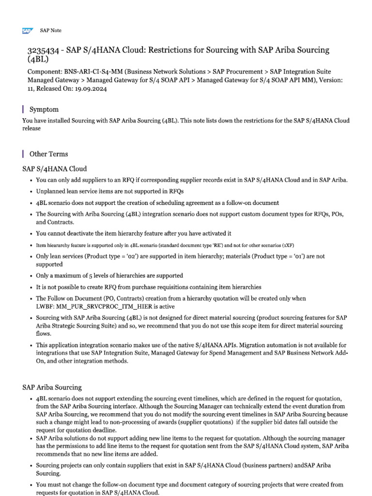Sap S4hana Cloud Restrictions For Sourcing With Sap Ariba Sourcing 4bl Pdf