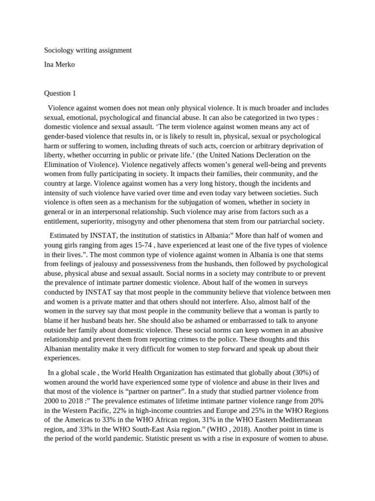 Sociology Writing Assignment | PDF | Violence | Domestic Violence