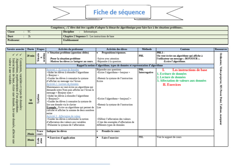 Fiche Pedagogique Module 3 - Chapitre 2 - Algorithme Et Programmation - Seq1 | PDF | Algorithmes ...