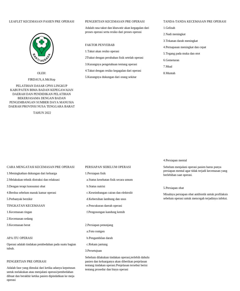 Leaflet Kecemasan Pasien Pre Operasi | PDF