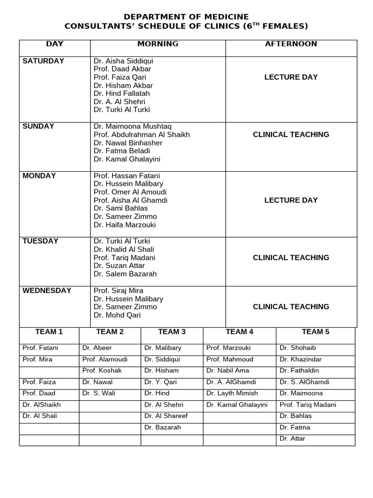 Medicine Department Clinic Schedule | PDF | Wellness