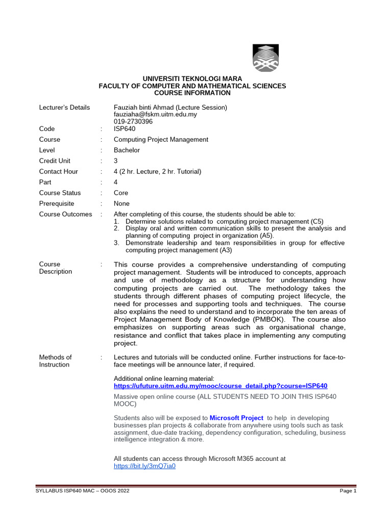 Lesson Plan - Sow Isp640 Mac 2022 - Ogos 2022 | PDF | Lecture | Project Management