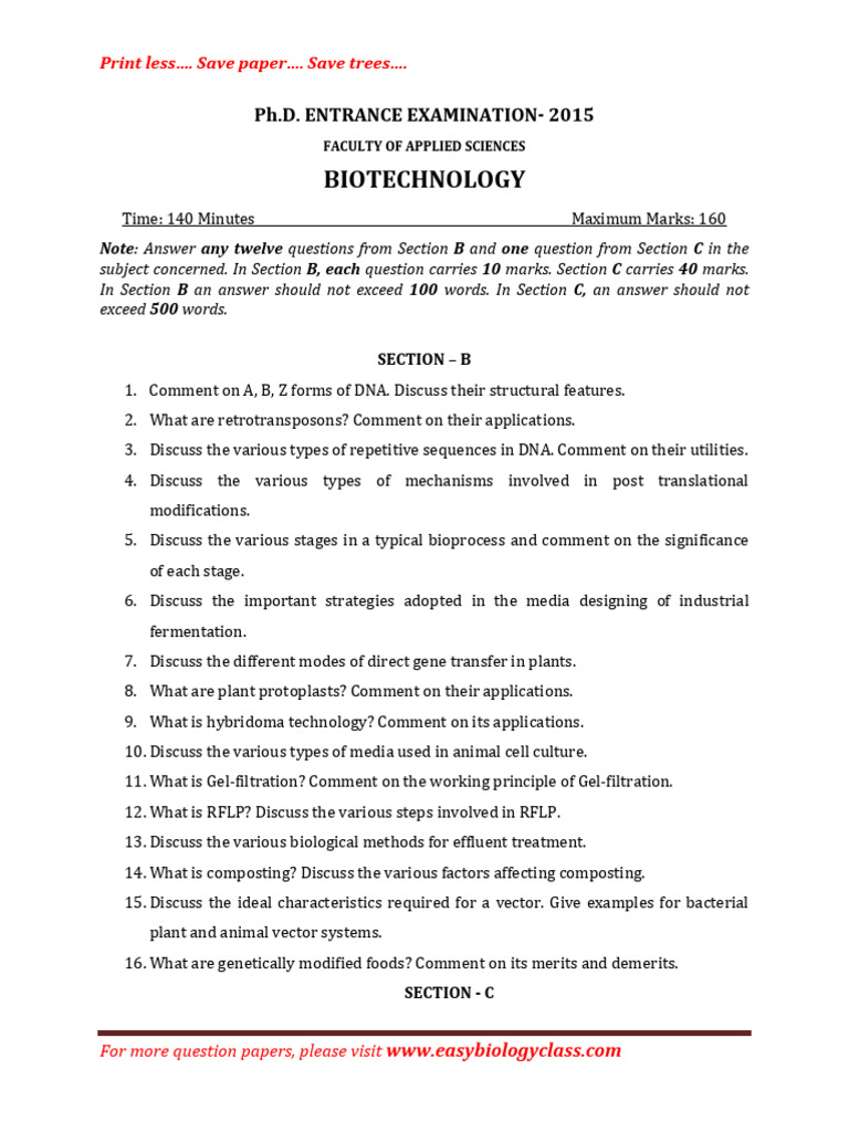 Kerala University PHD Entrance Biotechnology 2015 Question Paper | PDF ...
