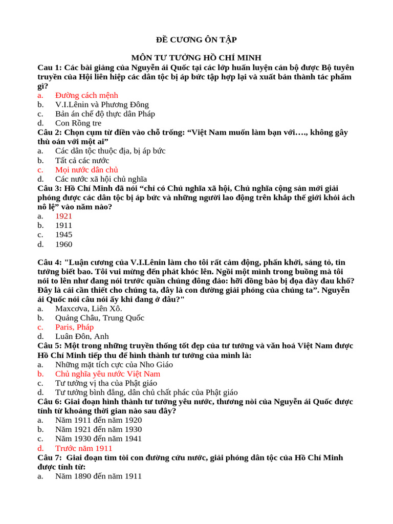 De Cuong On Tap Mon TTHCM | PDF