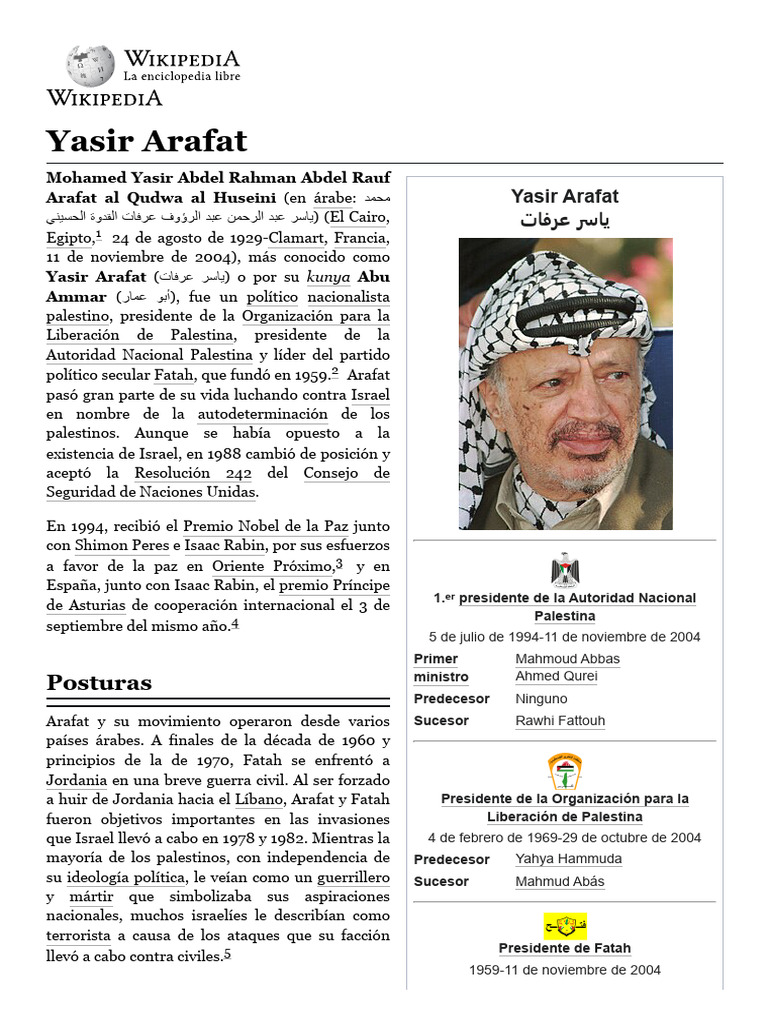 Yasir Arafat - Wikipedia, La Enciclopedia Libre | PDF | Yasser Arafat | Organización de ...