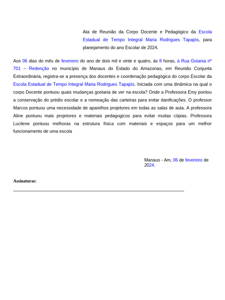 Ata de Reunião Pedagógica 2024 | PDF | Bem-estar