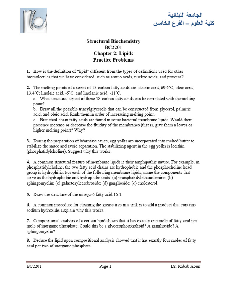 Chapter 2 Practice Problems | PDF | Lipid | Fatty Acid