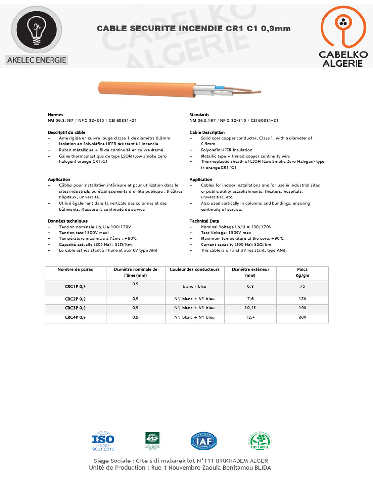 Câble Sécurité Incendie CR1 C1 0,9mm | PDF | Câble coaxial ...
