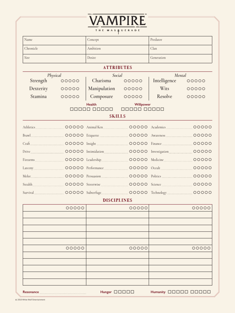 VAMPIRO 5A EDICAO - FICHA EDITAVEL - Girotto | PDF