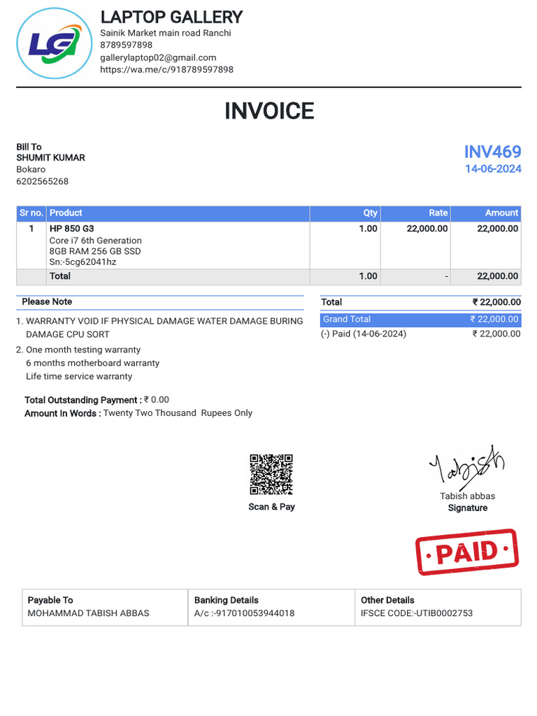 Laptop Invoice for Shumit Kumar | PDF