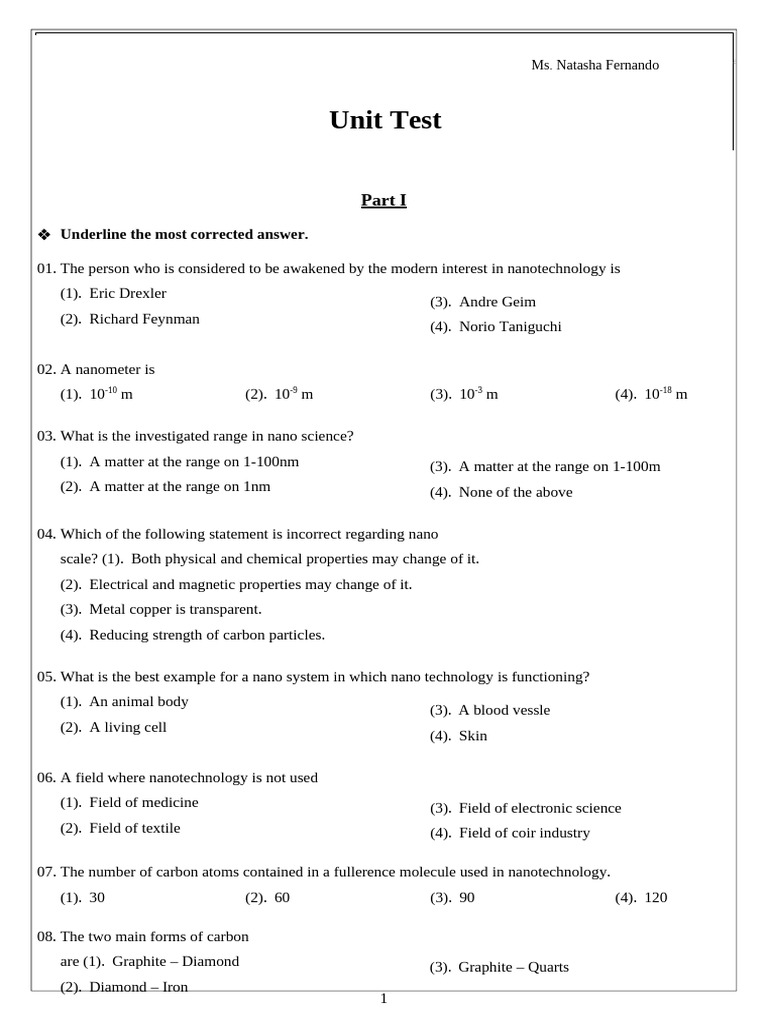 Grade 9 Science: Nanotechnology Unit Test | PDF | Nanotechnology ...