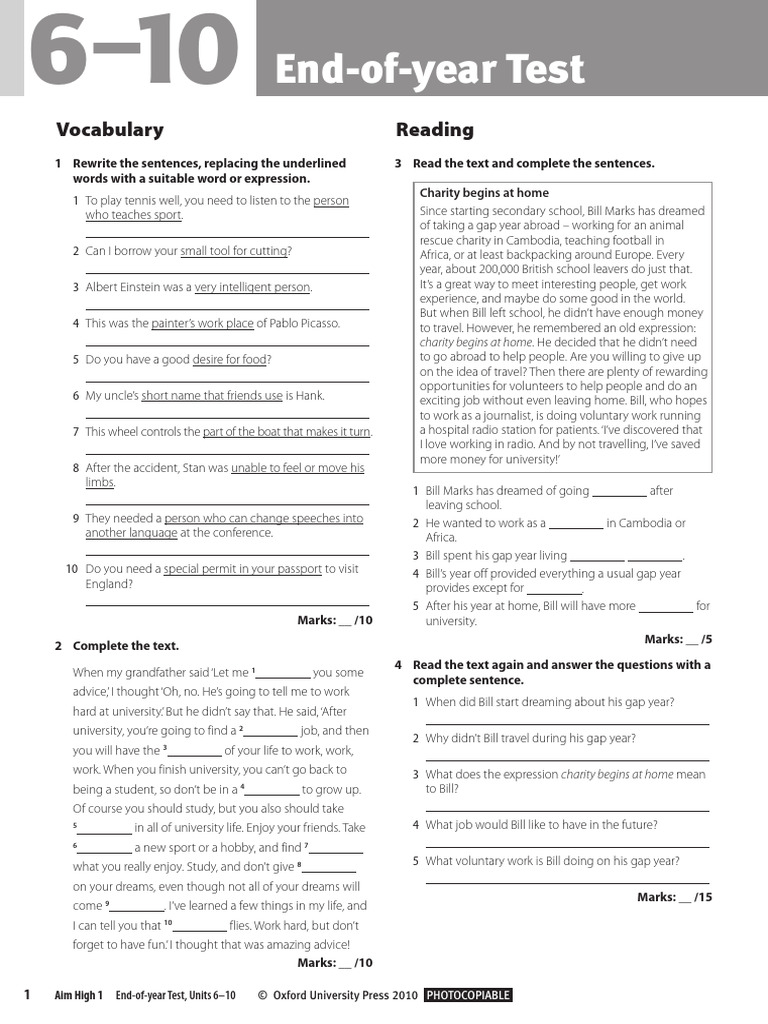 Aim High 1 EOY Test-1 | PDF | Linguistics