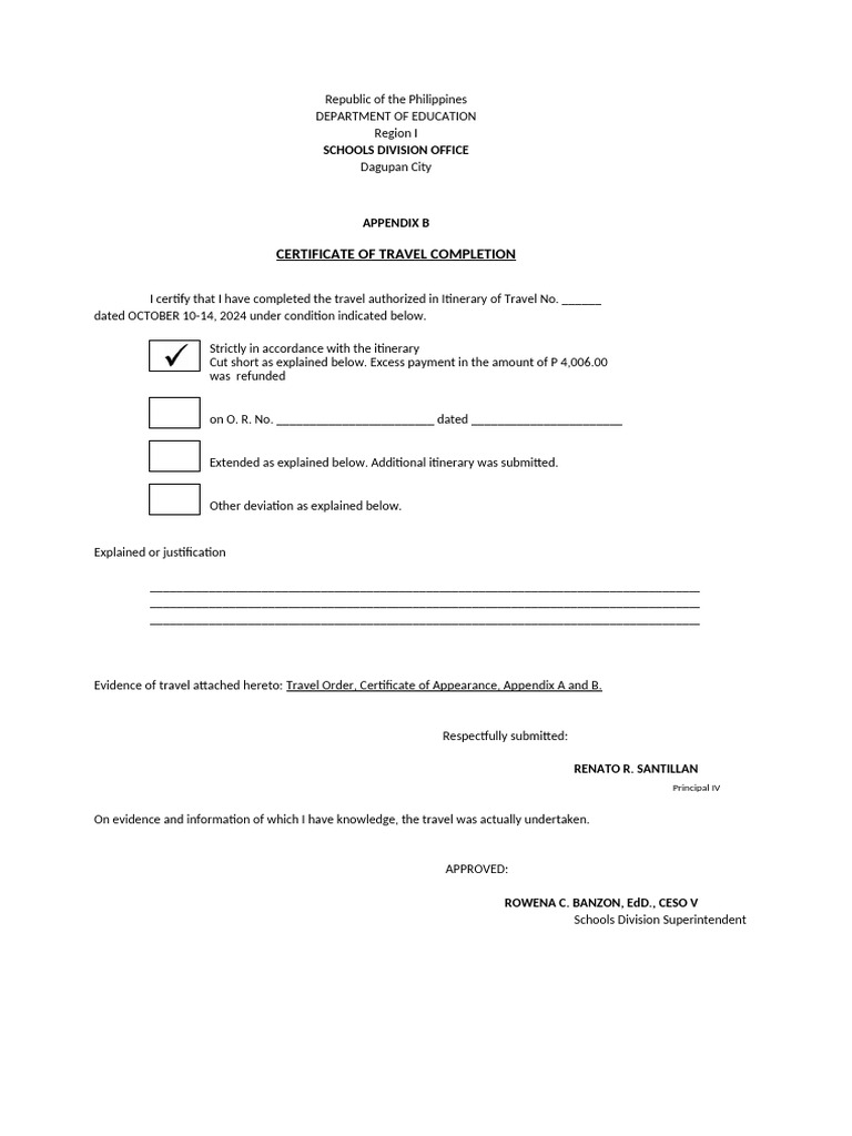 Certificate of Travel Completion Template | PDF