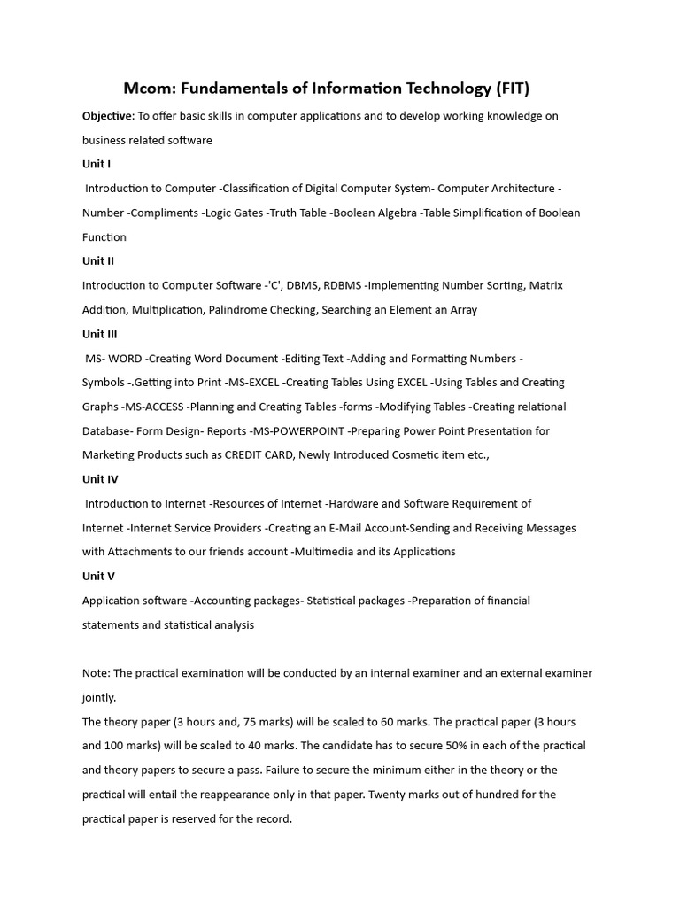 Mcom FIT syllabus | PDF | Microsoft Excel | Relational Database