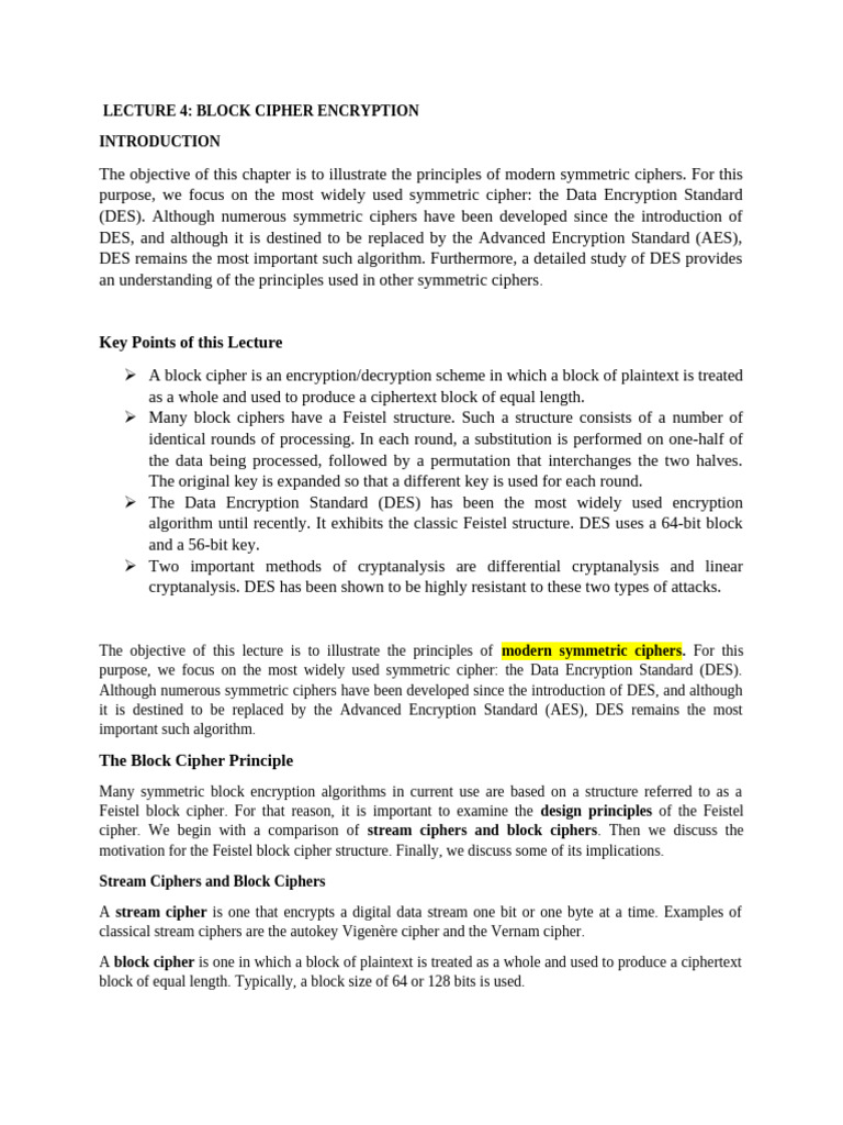 Lecture 4 Block Ciphers | PDF | Cipher | Cryptography