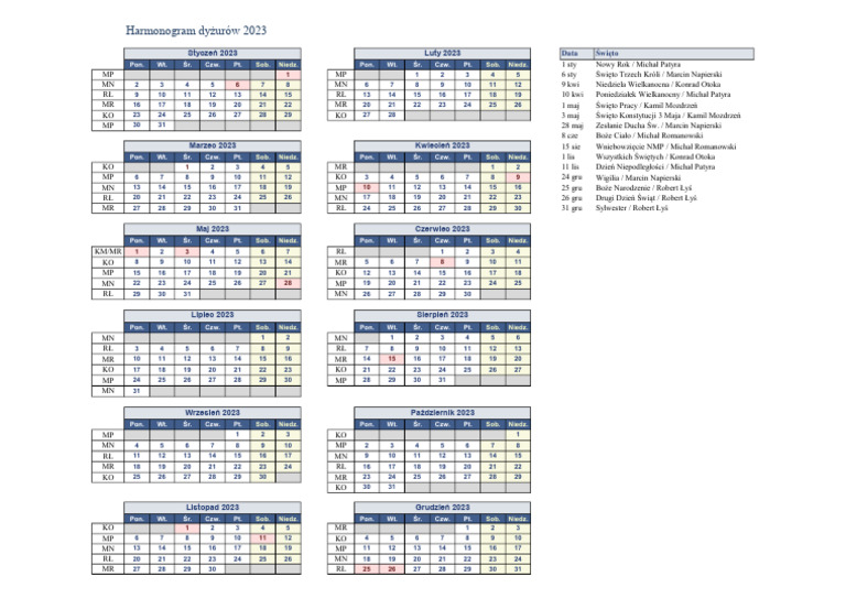 Harmonogram Dyżurów 2023 | PDF