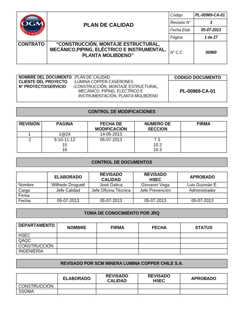PL-00969-CA-01 - 3 Plan de Calidad | PDF | Calidad (comercial) | Sistema de manejo de calidad
