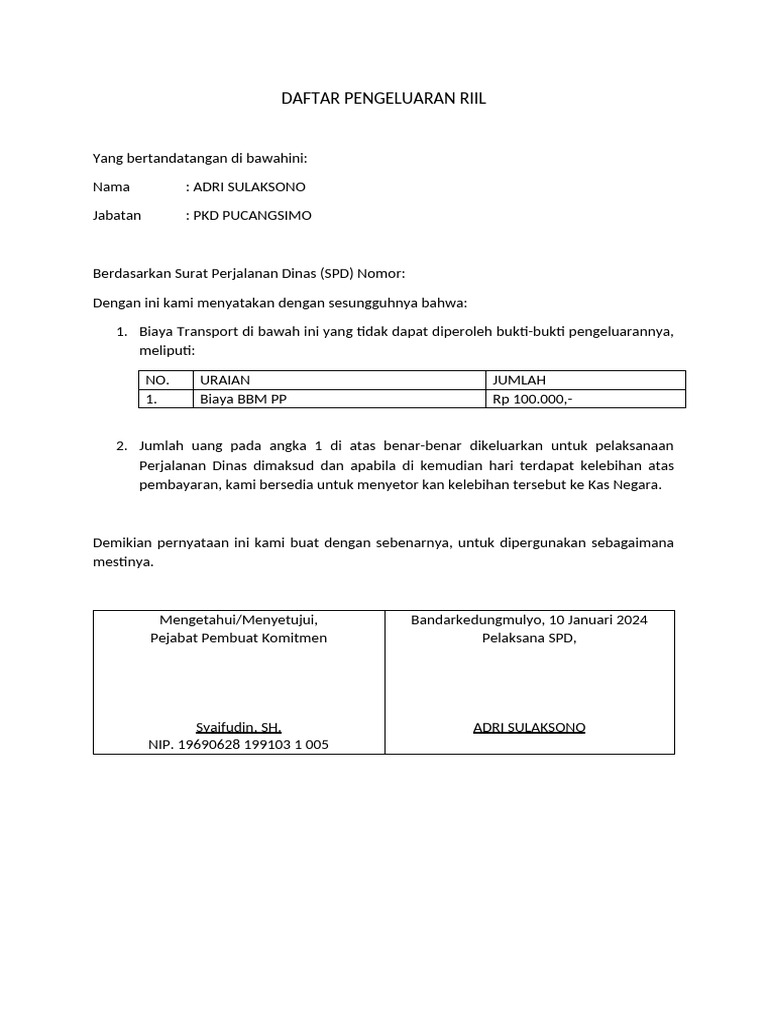 PCS DAFTAR PENGELUARAN RIIL 10 January 2024 | PDF