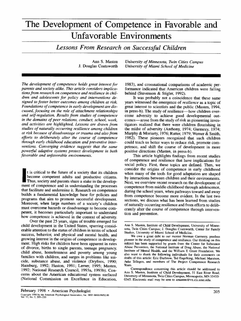 The Development of Competence in Favorable and Unfavorable Environments ...