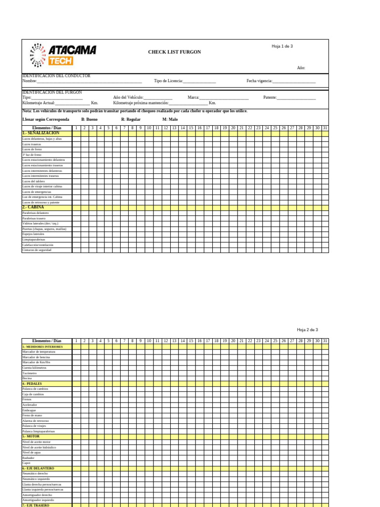 Check List Furgon JLV | PDF | Eje | Neumático