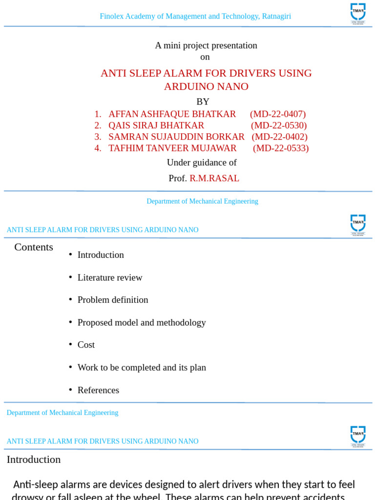 Group No 7 PPT Anti Sleep Alarm | PDF | Arduino | Sleep