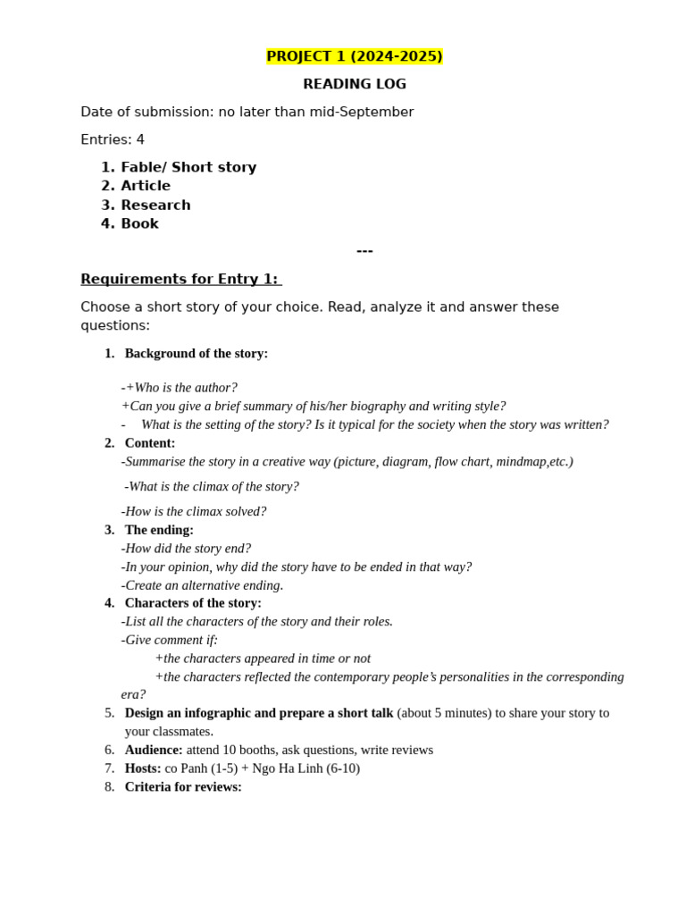 PROJECT READING LOG | PDF