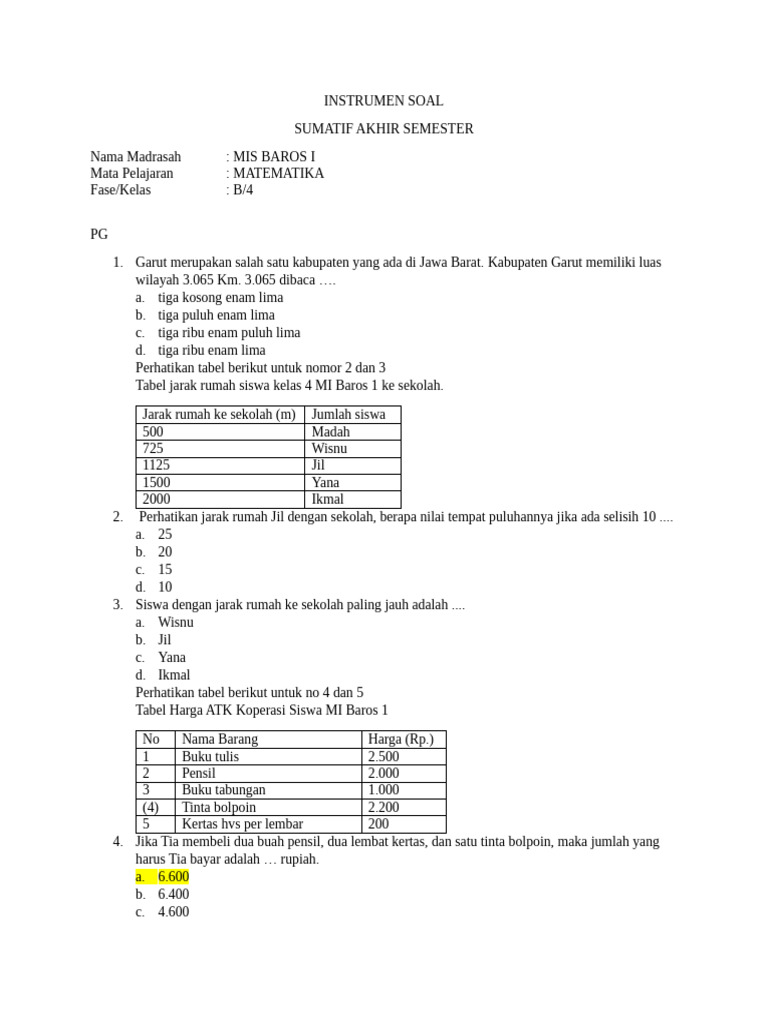INSTRUMEN SOAL SAS Matematika | PDF | Griya & Taman