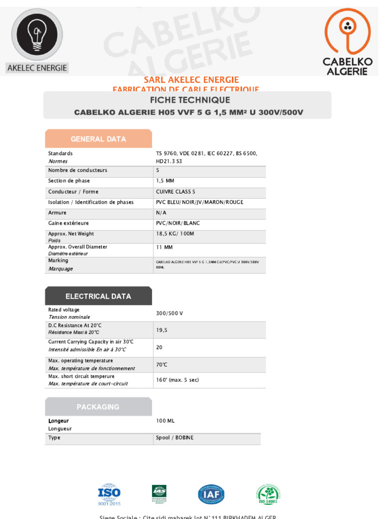 Fiche Technique H05 VVF 5 G 15 | PDF