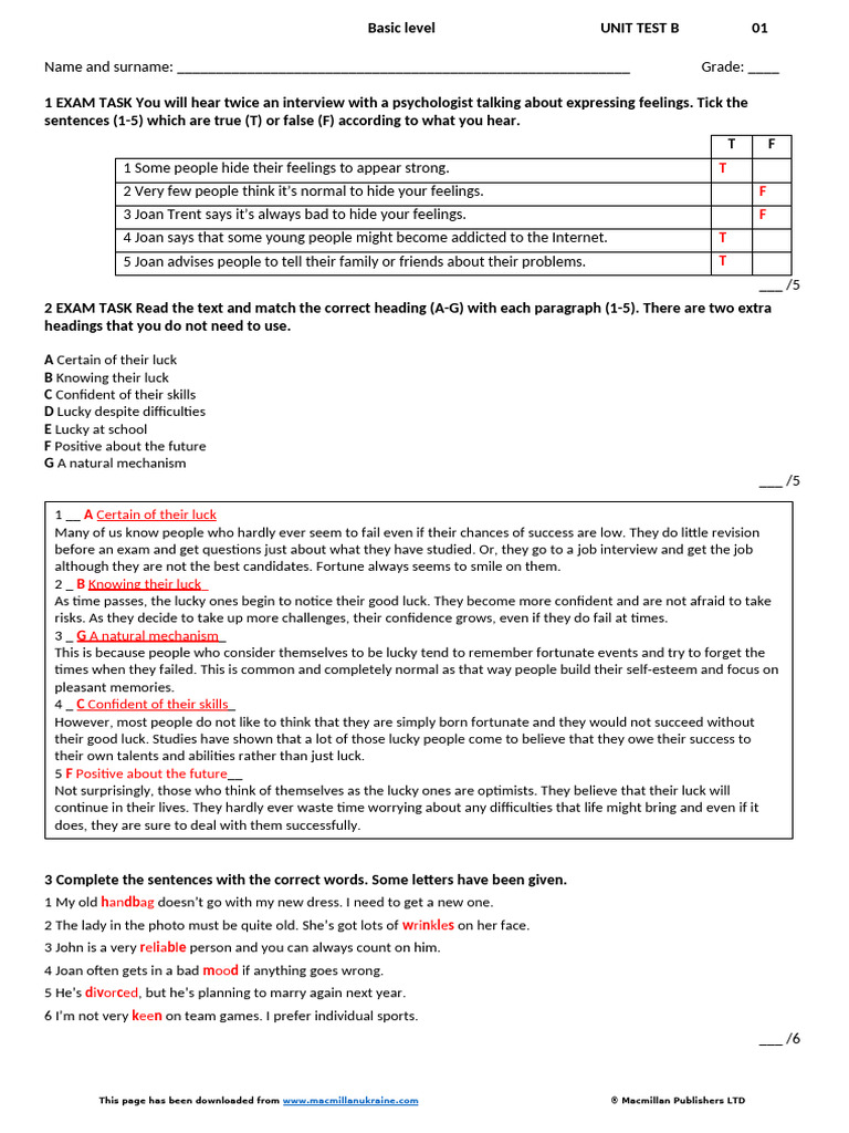 Unit Test 1B Basic Level (My Version) | PDF | Luck