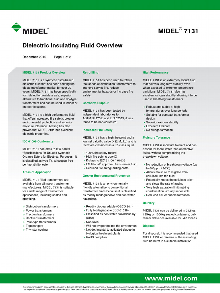 MIDEL 7131 Dielectric Insulating Fluid Overview | PDF | Transformer ...