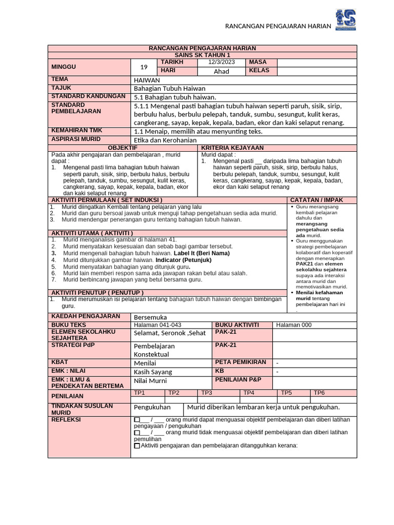 RPH Minggu 19 Sains THN 1 2023 by Cikgu Gorgeous | PDF